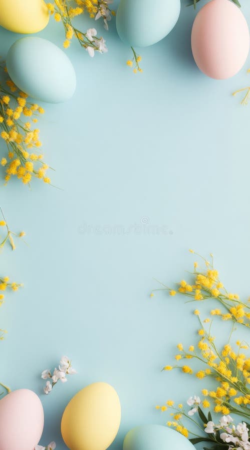 Pastel Easter Eggs and Yellow Spring Flowers on Light Blue Background ...