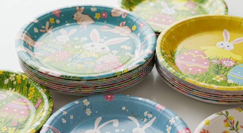 Pastel Easter Paper Plates with Bunny and Egg Designs Stock ...