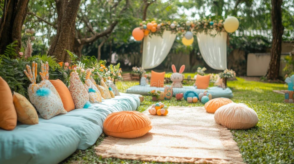 Pastel Easter Picnic Setup Outdoors with Bunny Stock Illustration ...