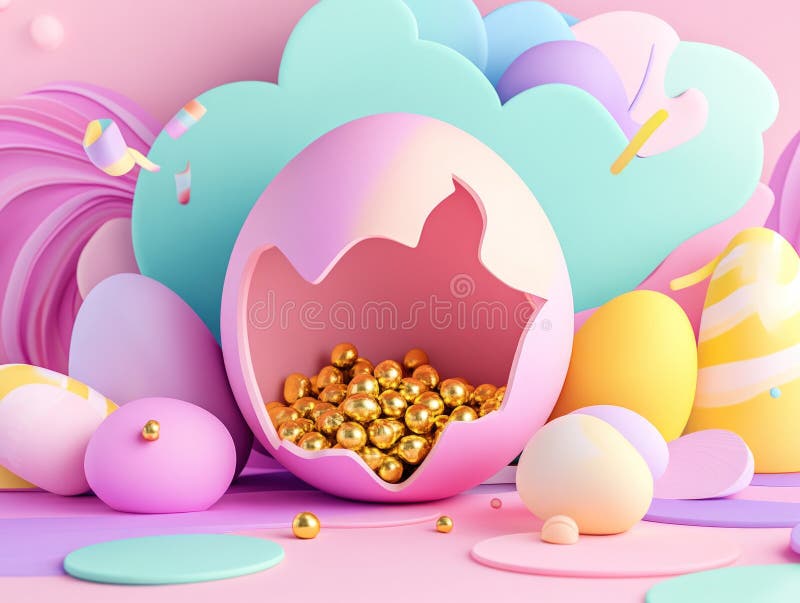 Pastel Easter Scene Featuring Cracked Egg with Golden Spheres Stock ...