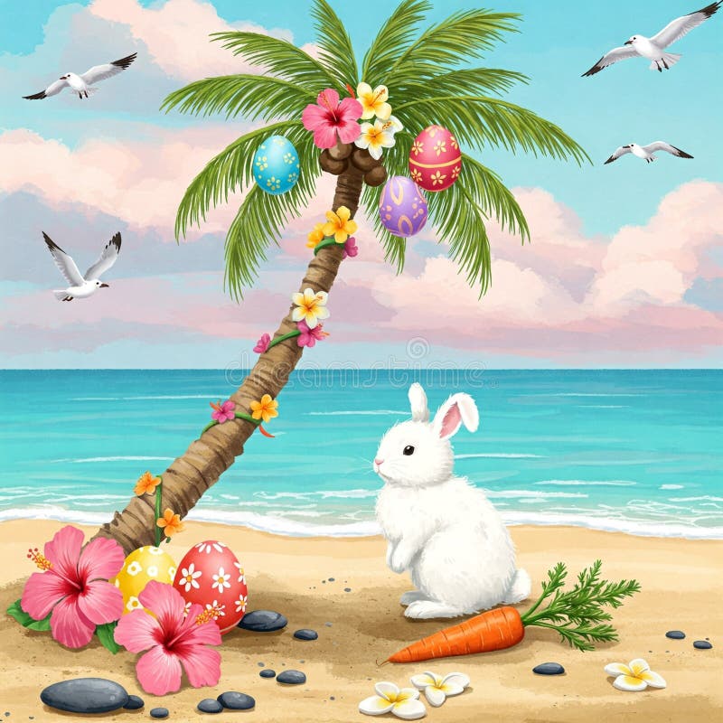 Pastel Easter Scene with Palm and Ocean Stock Illustration ...