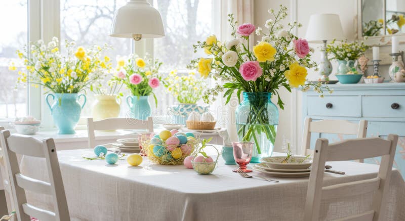 Pastel Easter Table Setting with Spring Flowers Stock Illustration ...