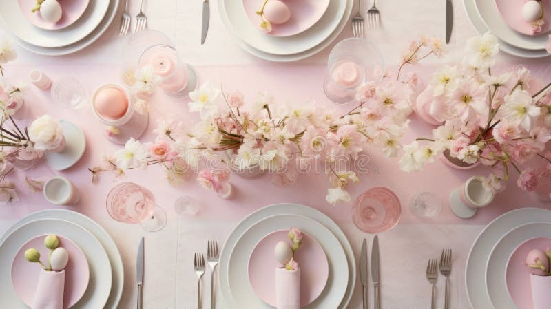 Pastel Easter Table Setup with Eggs and Spring Flowers. Top View. Pink ...