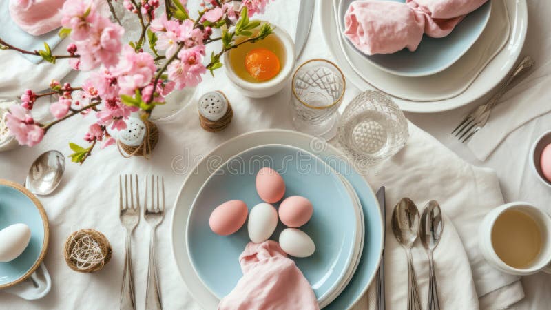Pastel Easter Table Setup with Painted Eggs and Spring Flowers. Top ...