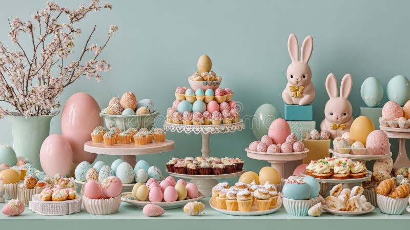 Pastel Easter Treats Table Setting with Bunny Figurines Stock ...