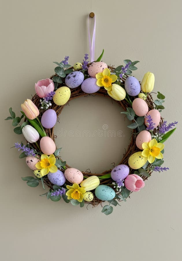 Pastel Easter Wreath with Tulips and Daffodils Stock Illustration ...