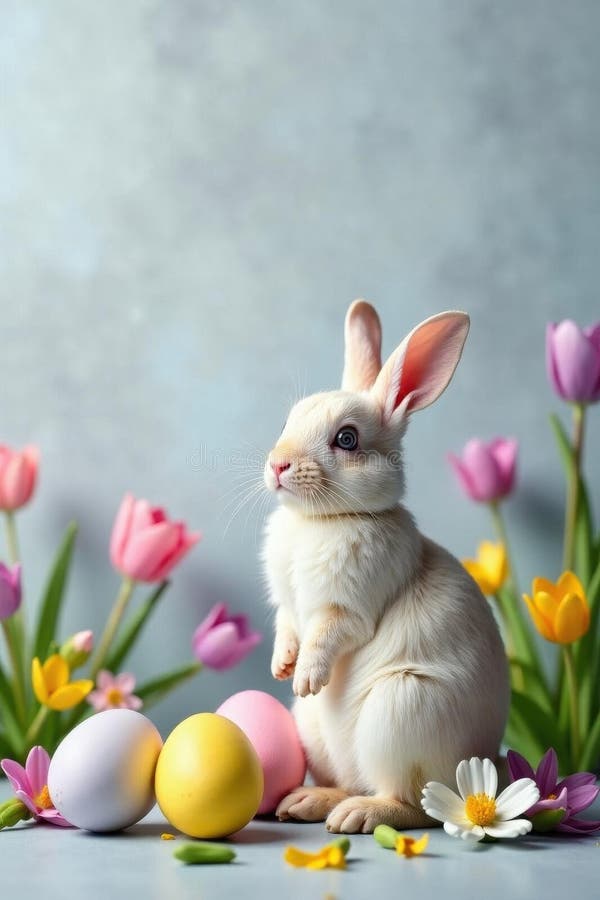 Pastel Eggs, Spring Flowers, Bunny, Grey Concrete Background, Aesthetic ...