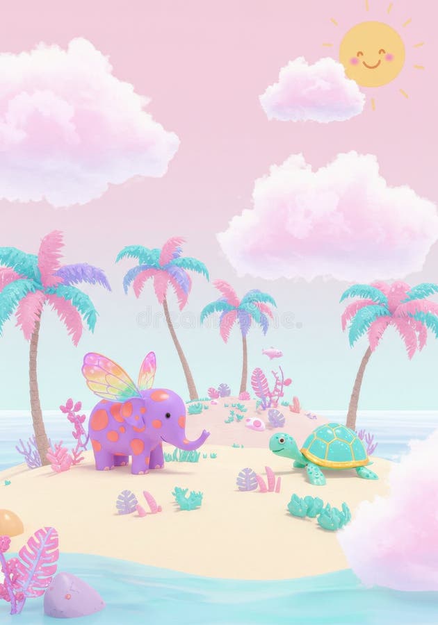Pastel Elephant and Turtle on Tropical Island Stock Illustration ...