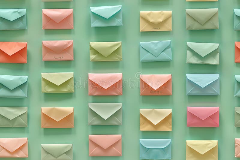 Pastel Envelopes Arranged in a Geometric Pattern on a Green Background ...