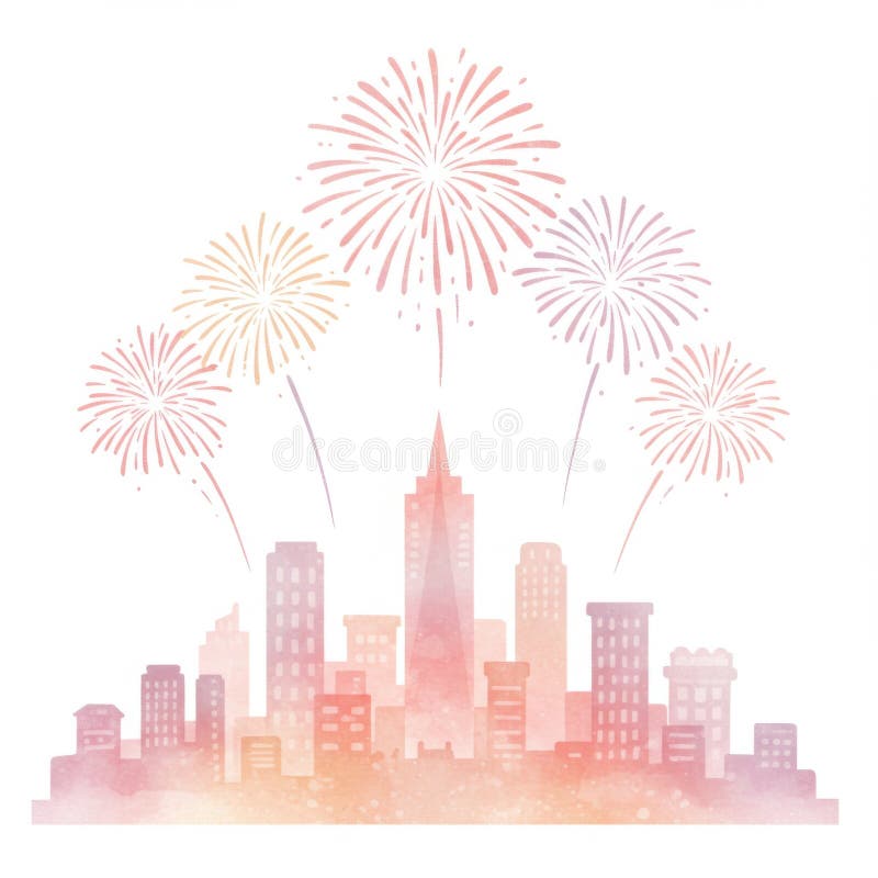 Pastel Fireworks Over City Skyline at Night Stock Illustration ...