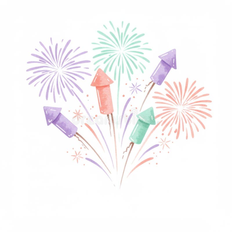 Pastel Fireworks Watercolor Illustration Stock Illustration ...