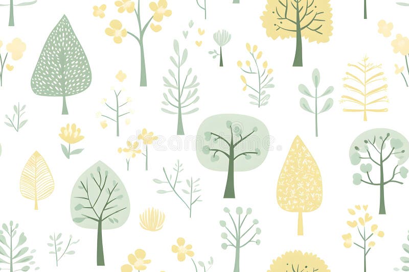 Pastel Floral Forest: Simple Trees, Leaves, and Flowers in a Repeating ...