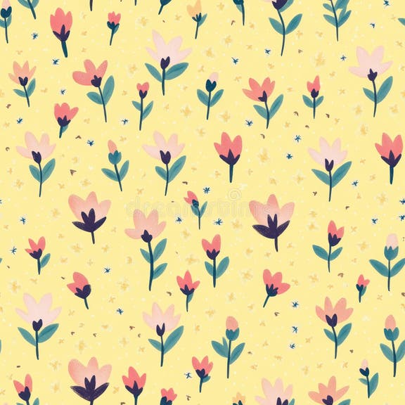Pastel Floral Pattern on Yellow Background - Whimsical Spring Design ...
