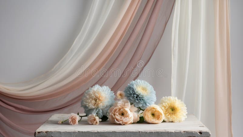 Pastel Floral Still Life with Wispy Drapery and Muted Tones. Stock ...