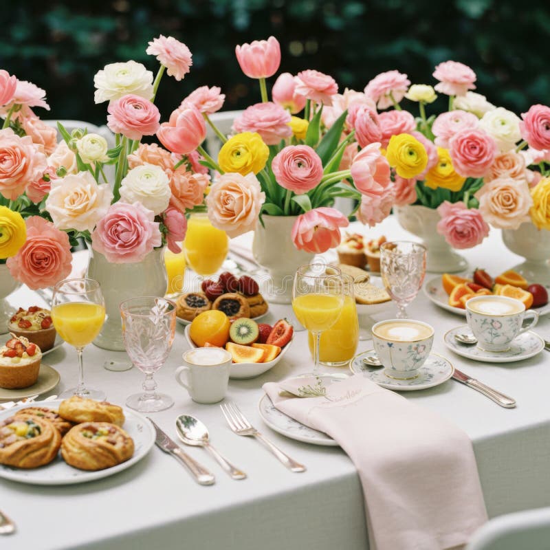 Pastel Floral Table Setting with Breakfast Stock Illustration ...