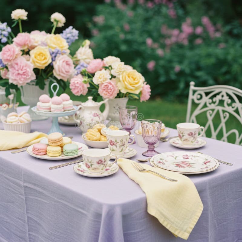 Pastel Floral Tea Party Setting Outdoors Stock Illustration ...