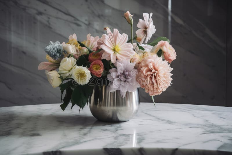 Pastel Flower Bouquet in Silver Vase on Marble Tabletop Stock ...