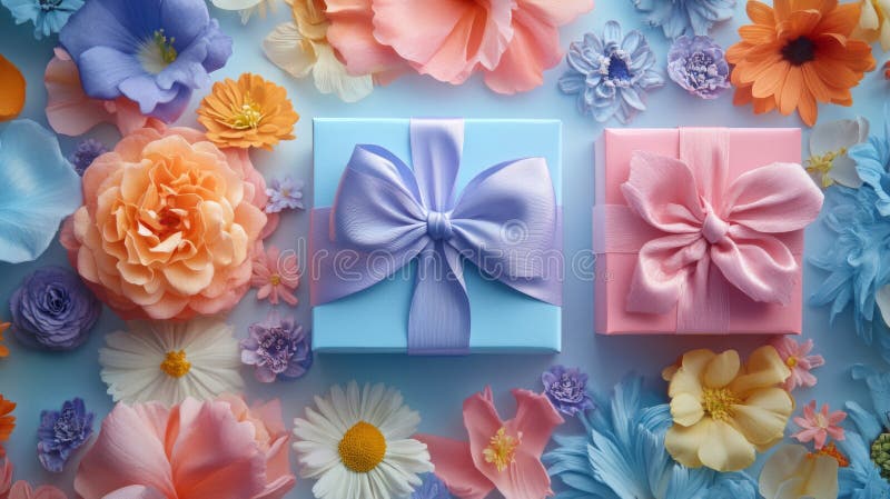 Pastel Flowers Surround Two Gift Boxes Beautifully Arranged Stock ...