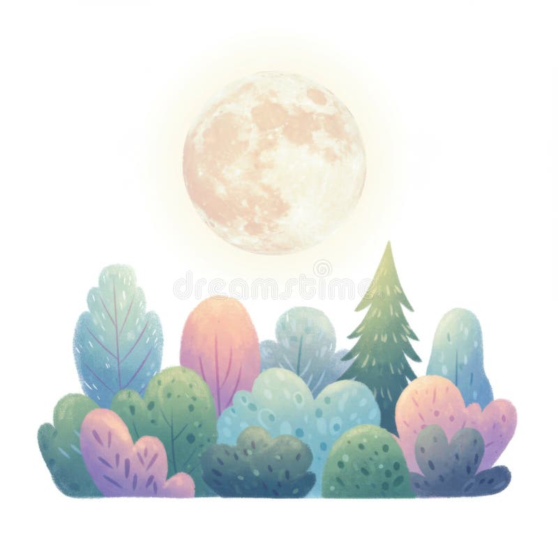 Pastel Forest at Night Under a Full Moon Stock Illustration ...
