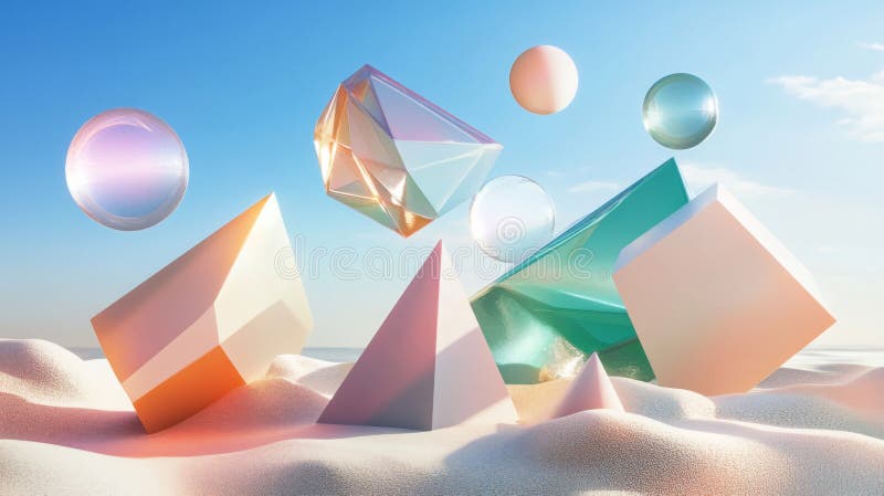 Pastel Geometric Shapes on Sandy Beach Under Bright Sky Stock ...