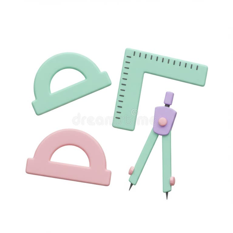 Pastel Geometry Tools: 3D Rendered Protractor, Ruler and Compass Stock ...