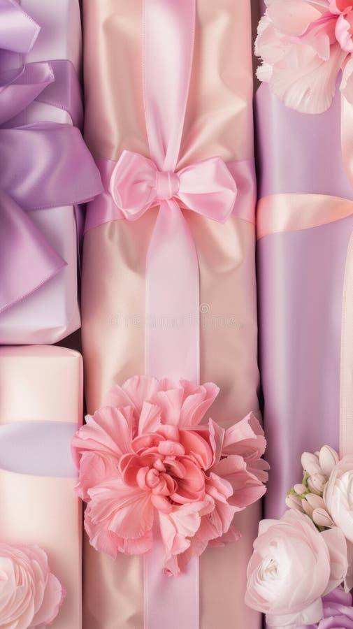 Pastel Gift Boxes with Elegant Ribbons and Floral Decorations. Stock ...