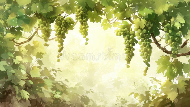 Pastel Grapevine Frame with Clusters of Green Grapes and Delicate ...