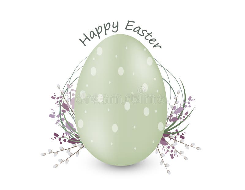 Pastel Green Easter Egg with Polka Dots, Decorated with Willow and Lavender. Happy Easter Text ...