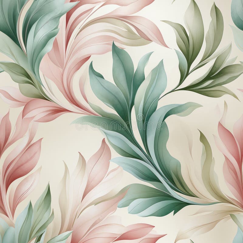 Pastel Green and Pink Leaf Pattern with Intricate Veining and Subtle ...