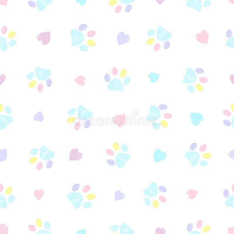 Pastel Hand Drawn Hearts and Paw Prints. Seamless Fabric Design Pattern ...