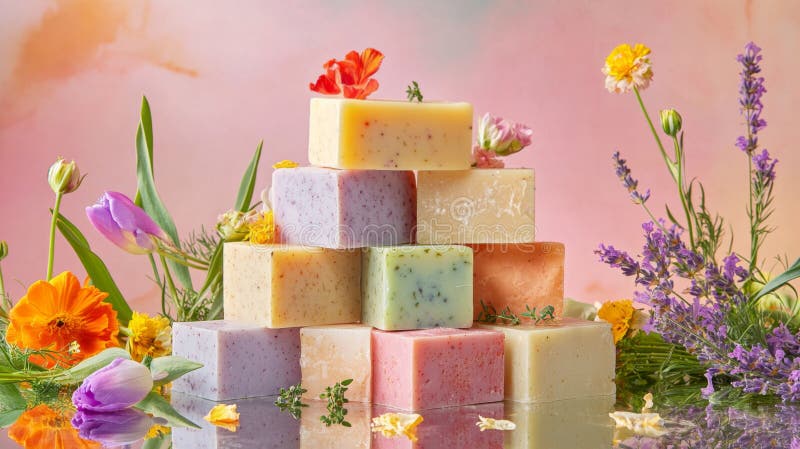 Pastel Handmade Soaps with Flowers on Reflective Surface Stock ...