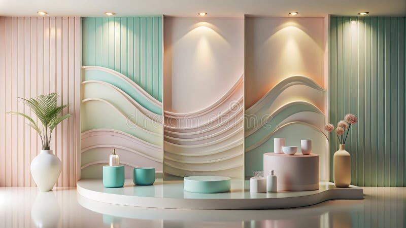 Pastel-hued Minimalist Product Display with Curved Wall Panels and ...
