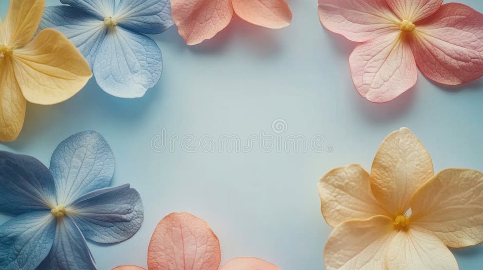 Pastel Hydrangea Petals Frame Light Blue Background Stock Image - Image ...