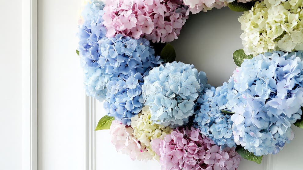 Pastel Hydrangea Wreath stock photo. Image of door, petals - 336535716