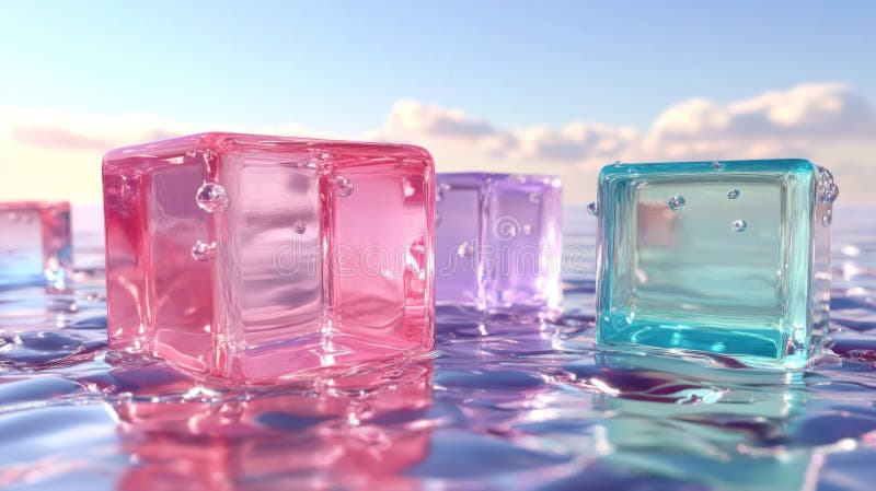 Pastel Ice Cubes Floating on Water with Sky Background Stock ...