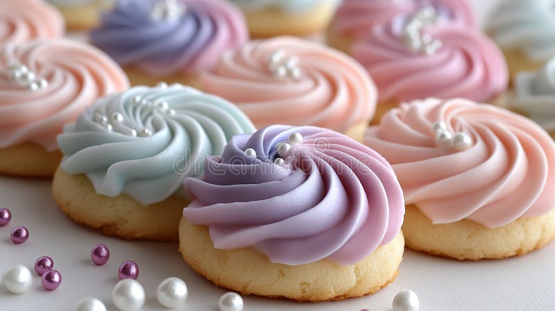 Pastel Iced Cookies with Pearls on White Surface Stock Illustration ...