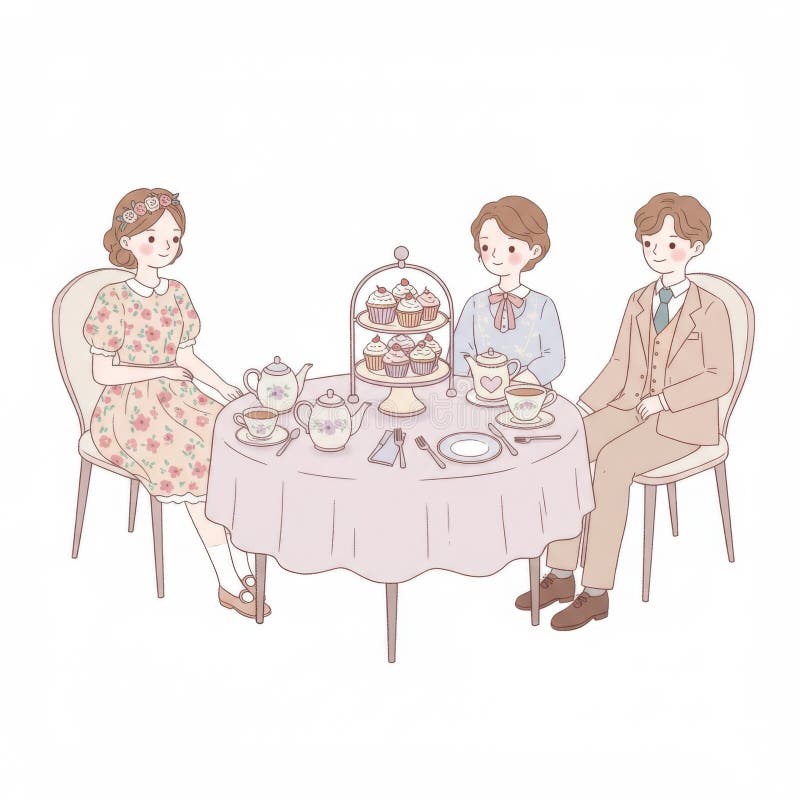 Pastel Illustration of Friends Enjoying Afternoon Tea Stock ...