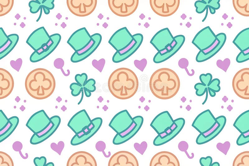 Pastel Irish Pattern with Hats, Clovers, and Coins Stock Illustration ...