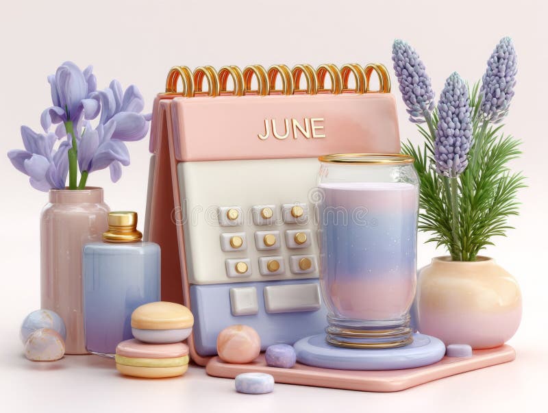 Pastel June Calendar with Flowers and Drink Stock Illustration ...