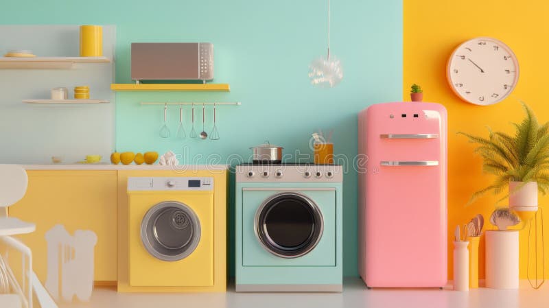 Pastel Kitchen Interior with Appliances, Utensils, and Clock Stock ...