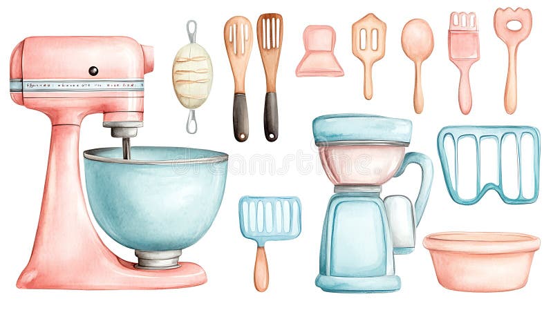 Pastel Kitchen Mixer, Utensils, and Coffee Maker Stock Illustration ...
