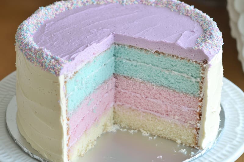 Pastel Layer Cake with Purple Frosting and Sprinkles on White Plate ...