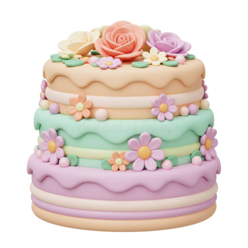 Pastel Layered Cake with Floral Decorations Stock Illustration ...