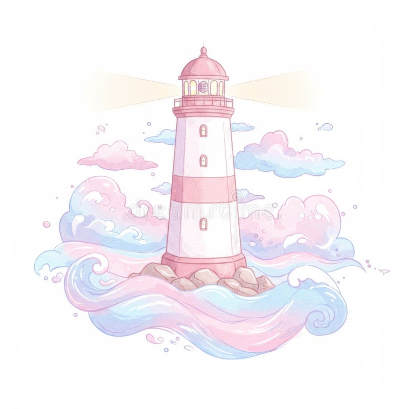 Pastel Lighthouse on Pastel Ocean Waves Stock Illustration ...