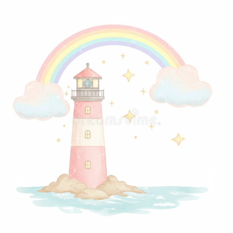 Pastel Lighthouse with Rainbow and Clouds Stock Illustration ...