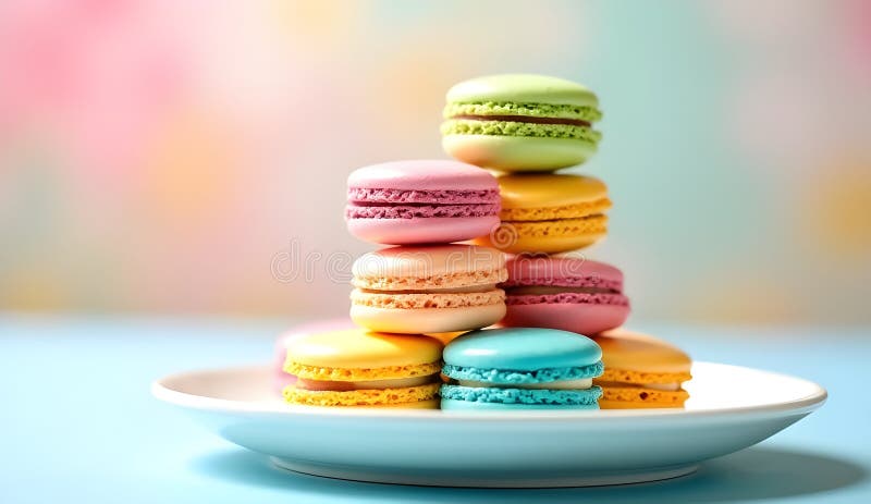 Pastel Macarons Stacked on White Plate with Creamy Filling and Crispy ...