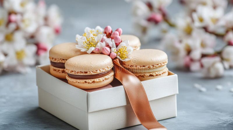 Pastel Macaroons Gift Box with Spring Blossoms Stock Illustration ...