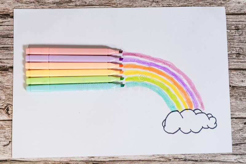Pastel Markers Drawing a Rainbow. Stock Image - Image of drawing ...