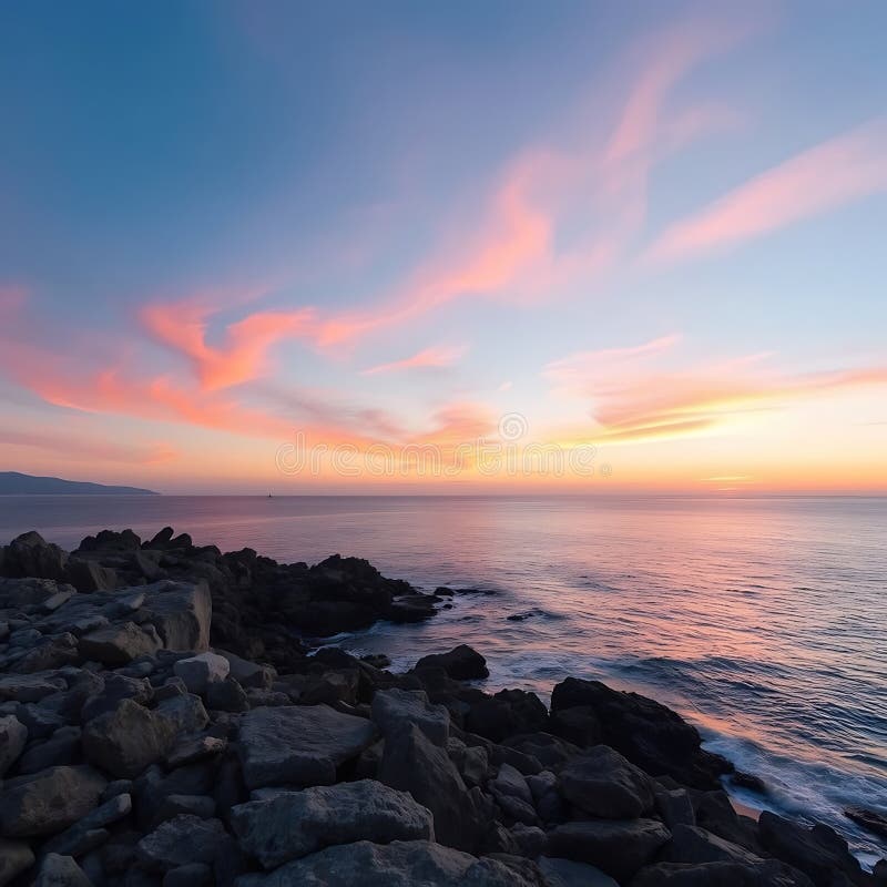 Pastel Mediterranean Sunrise Over Rocky Coastline Stock Illustration ...