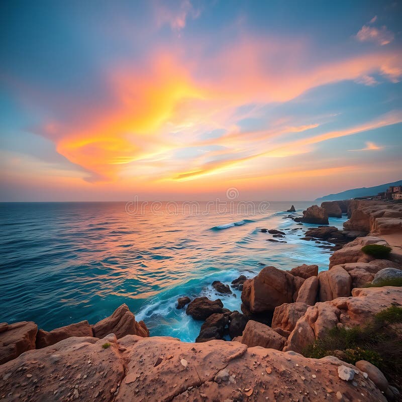 Pastel Mediterranean Sunrise Over Rocky Coastline Stock Illustration ...